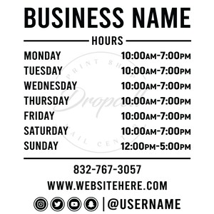 Store Hours Decal - Hours of Operation Sticker - Business Hours Decal ...