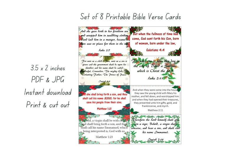 Bible Verse Christmas Cards, Printable Scripture Cards, Memory Verse ...