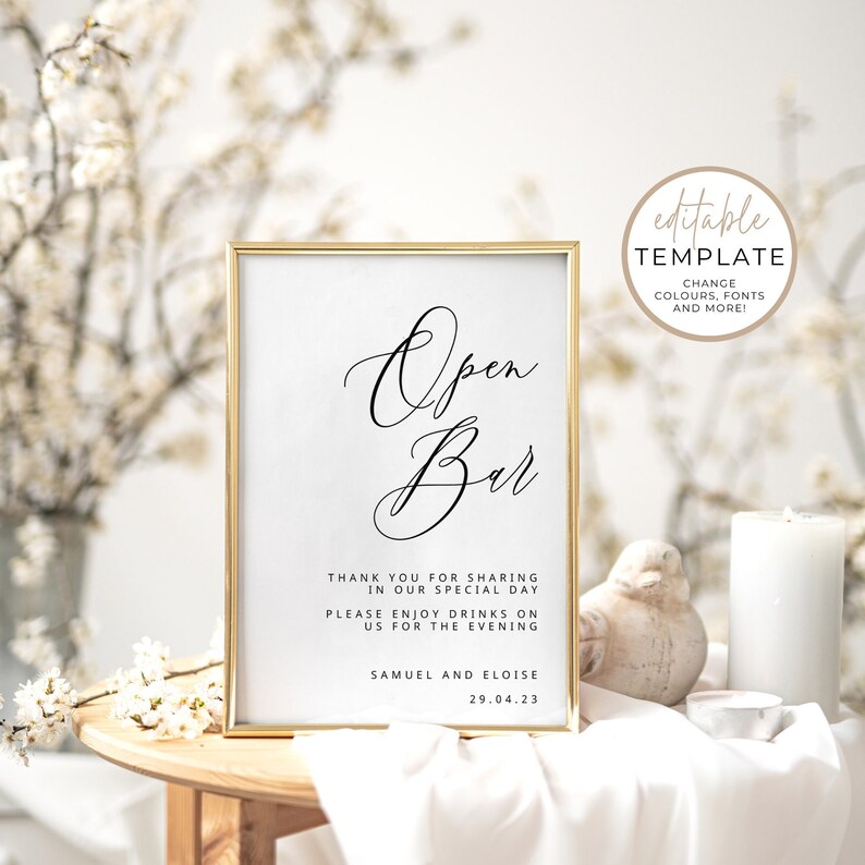 Cursive Open Bar Sign Template Simple Printable Wedding Reception Sign ...