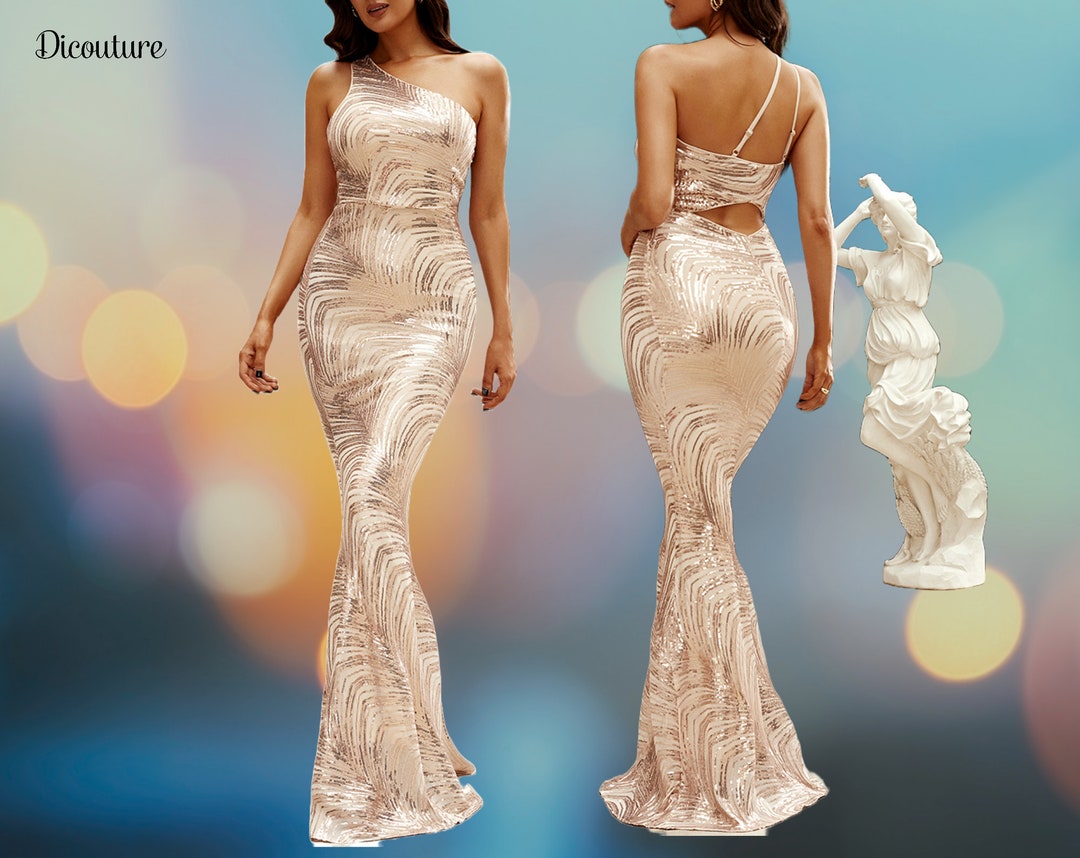 One Shoulder Gold Sequin Evening Gown Unique Mermaid Prom Etsy