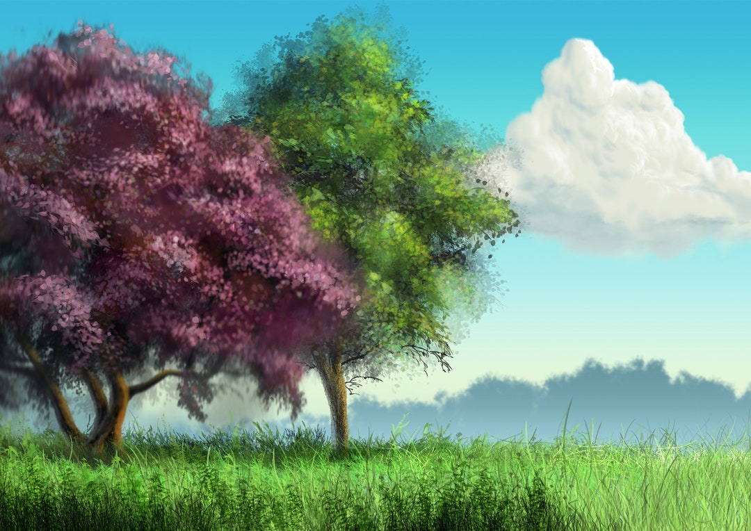 Digital Drawing of a Grassy Field With Two Trees and a Hill in the ...