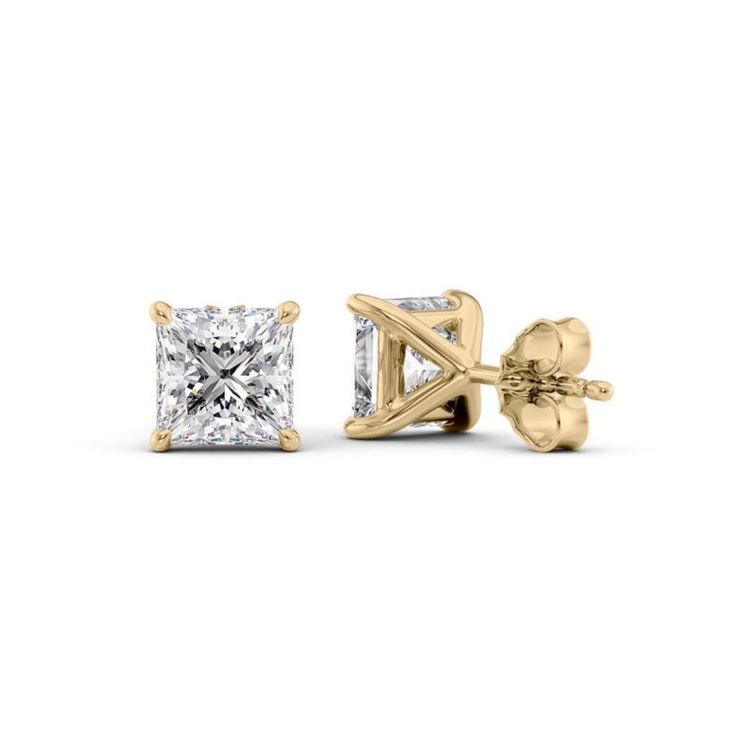 IGI Certified Princess Cut Lab Diamond Studs: 14K Gold Prong Setting - Etsy