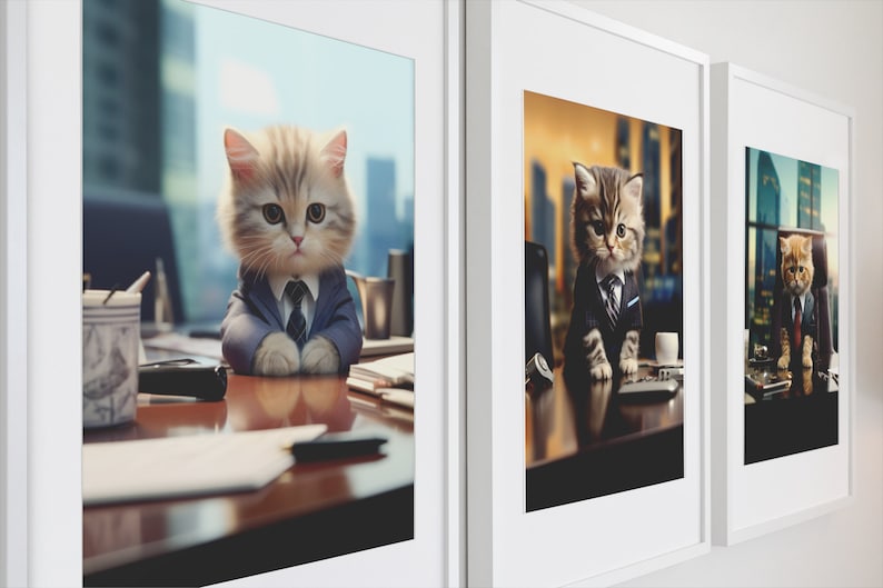 Modern Cat Wall Art: Office Cat Poster Funny Business Suit Kitty Decor ...