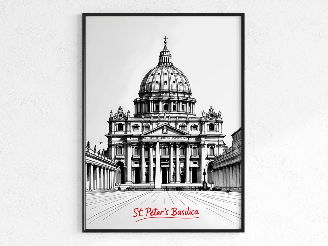 St. Peters Basilica Travel Print, Drawing Art, Black and White, Vatican ...