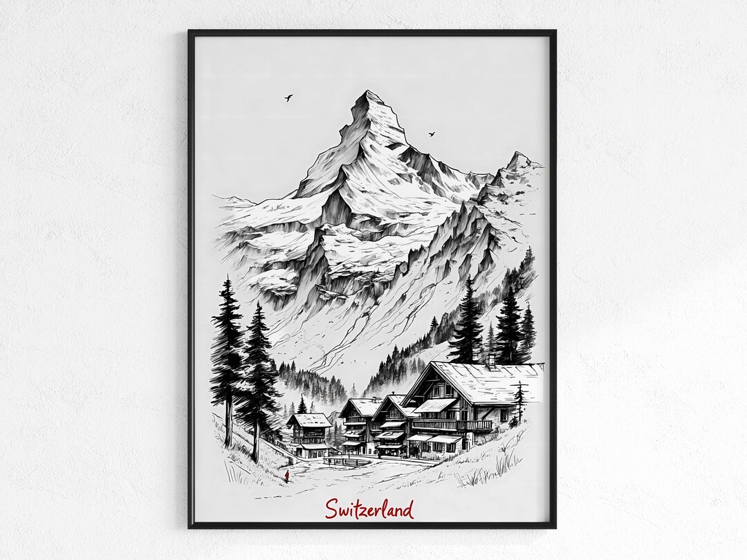 Switzerland Art Print, Blak and White Ink, Swiss Mountains, Wall Art ...