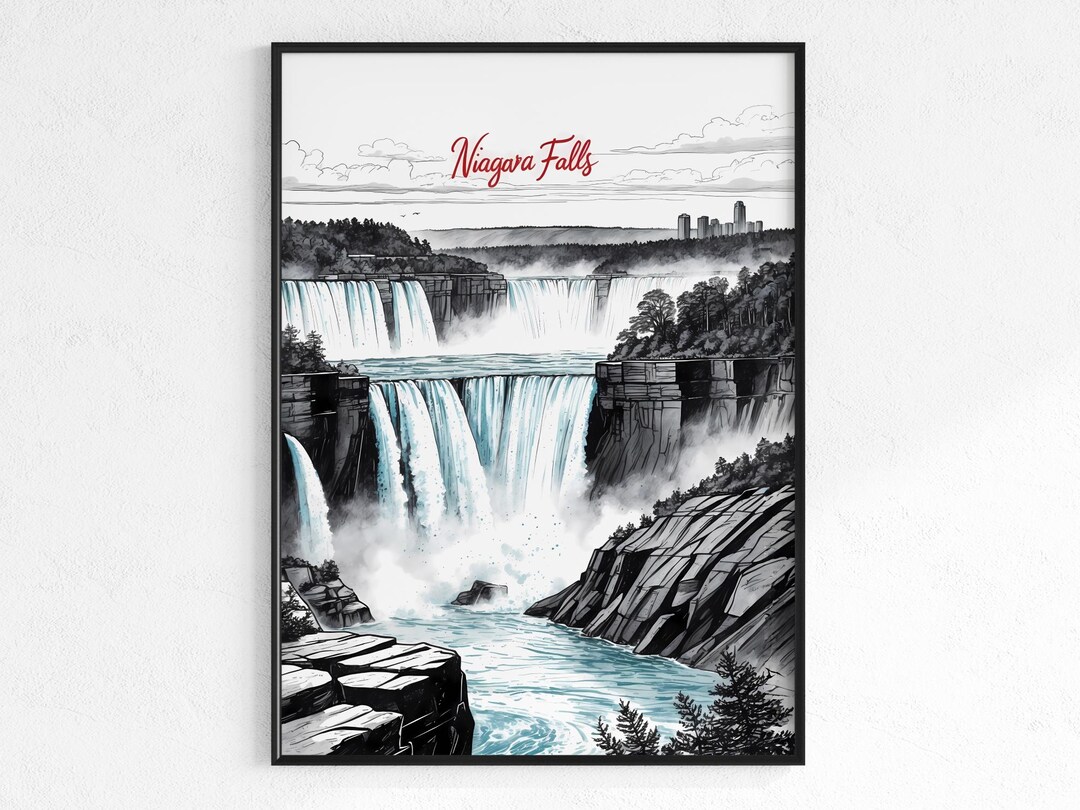 Niagara Falls Wall Art, Black and White Drawing, Digital Art, Wall ...