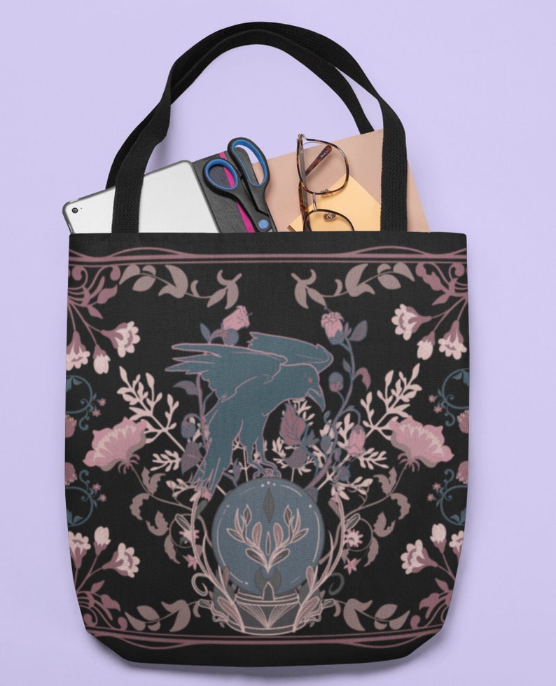 Black Crystal Ball Crow Tote Bag, Cute Crow Book Bag, Gothic Crow Tote ...
