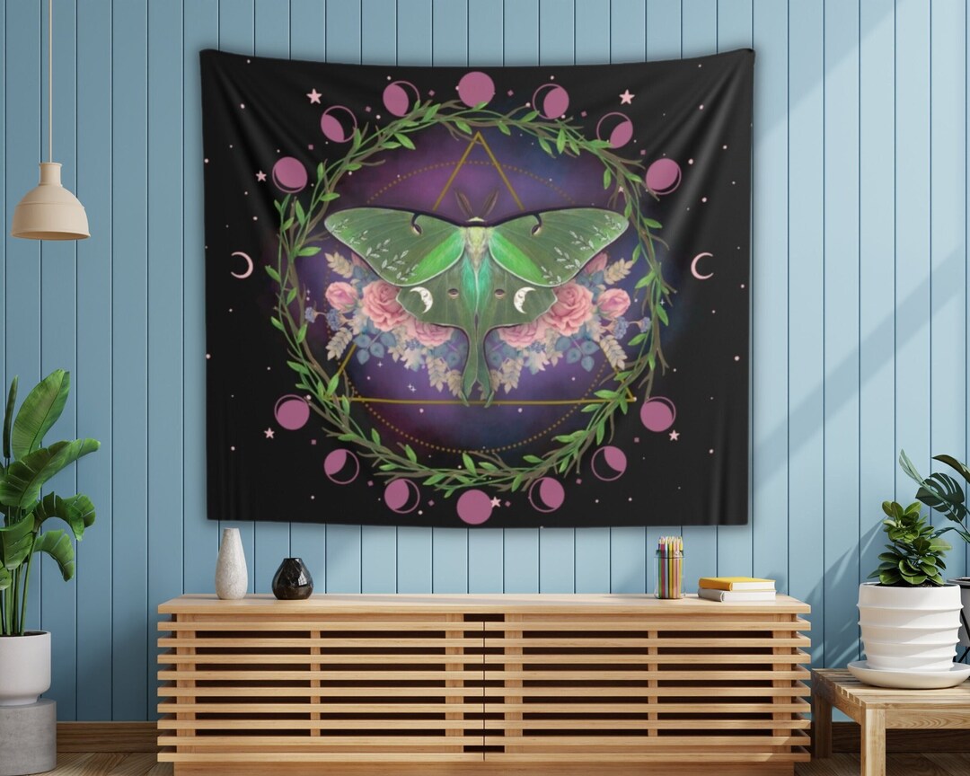 Floral Luna Moth With Moon Phases Tapestry, Luna Moth Botanical ...