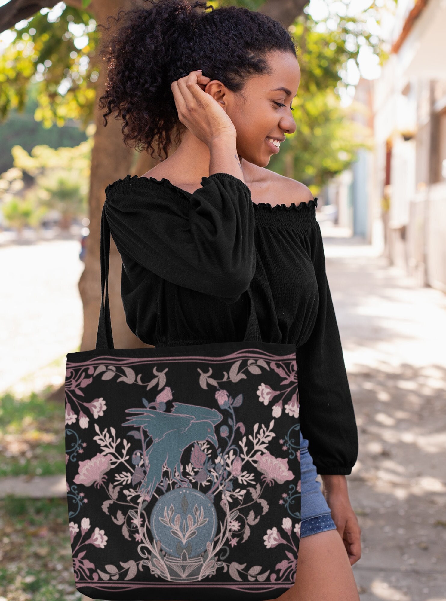 Black Crystal Ball Crow Tote Bag, Cute Crow Book Bag, Gothic Crow Tote ...