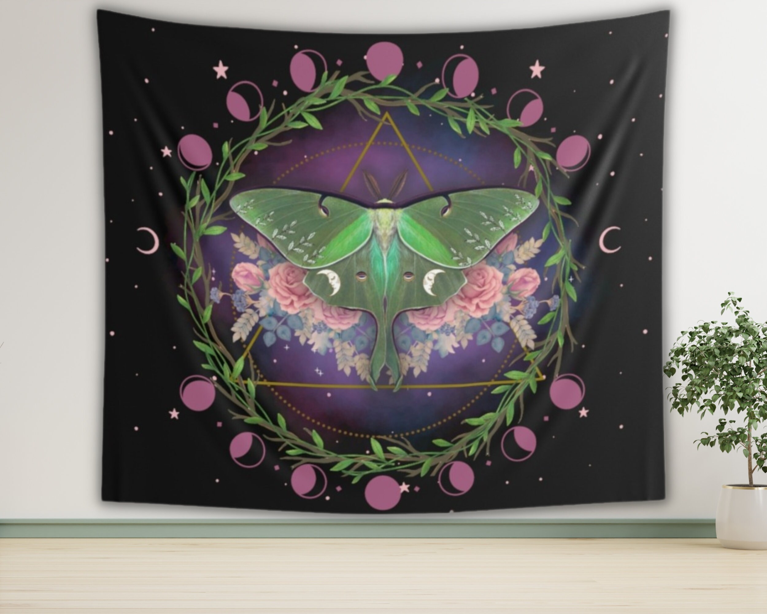 Floral Luna Moth With Moon Phases Tapestry Luna Moth - Etsy