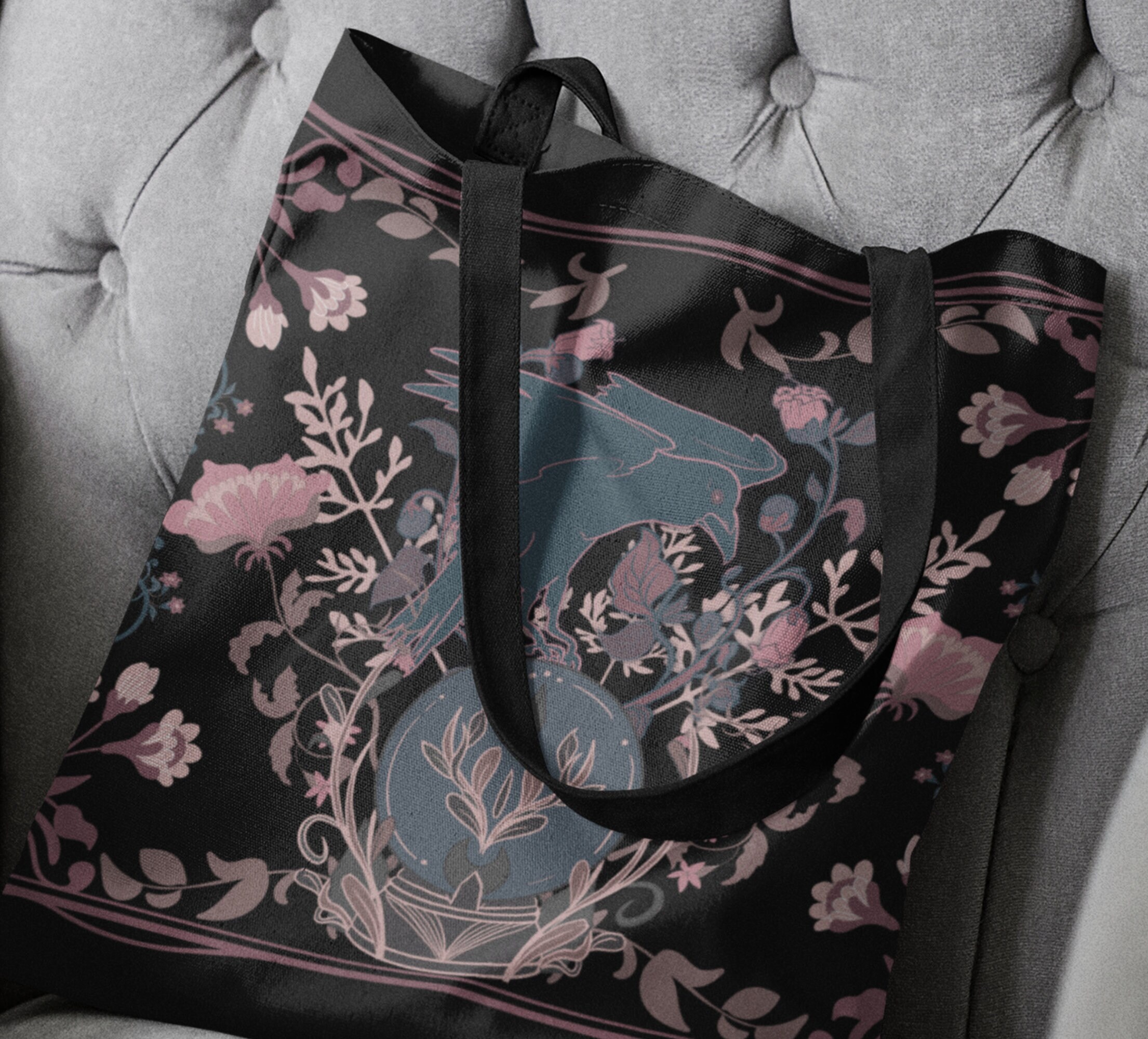 Black Crystal Ball Crow Tote Bag, Cute Crow Book Bag, Gothic Crow Tote ...