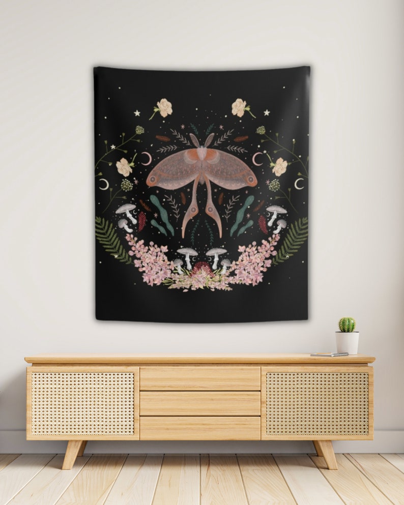 Cottagecore Floral Moth Wall Tapestry, Earthy Wall Hanging, Botanical ...