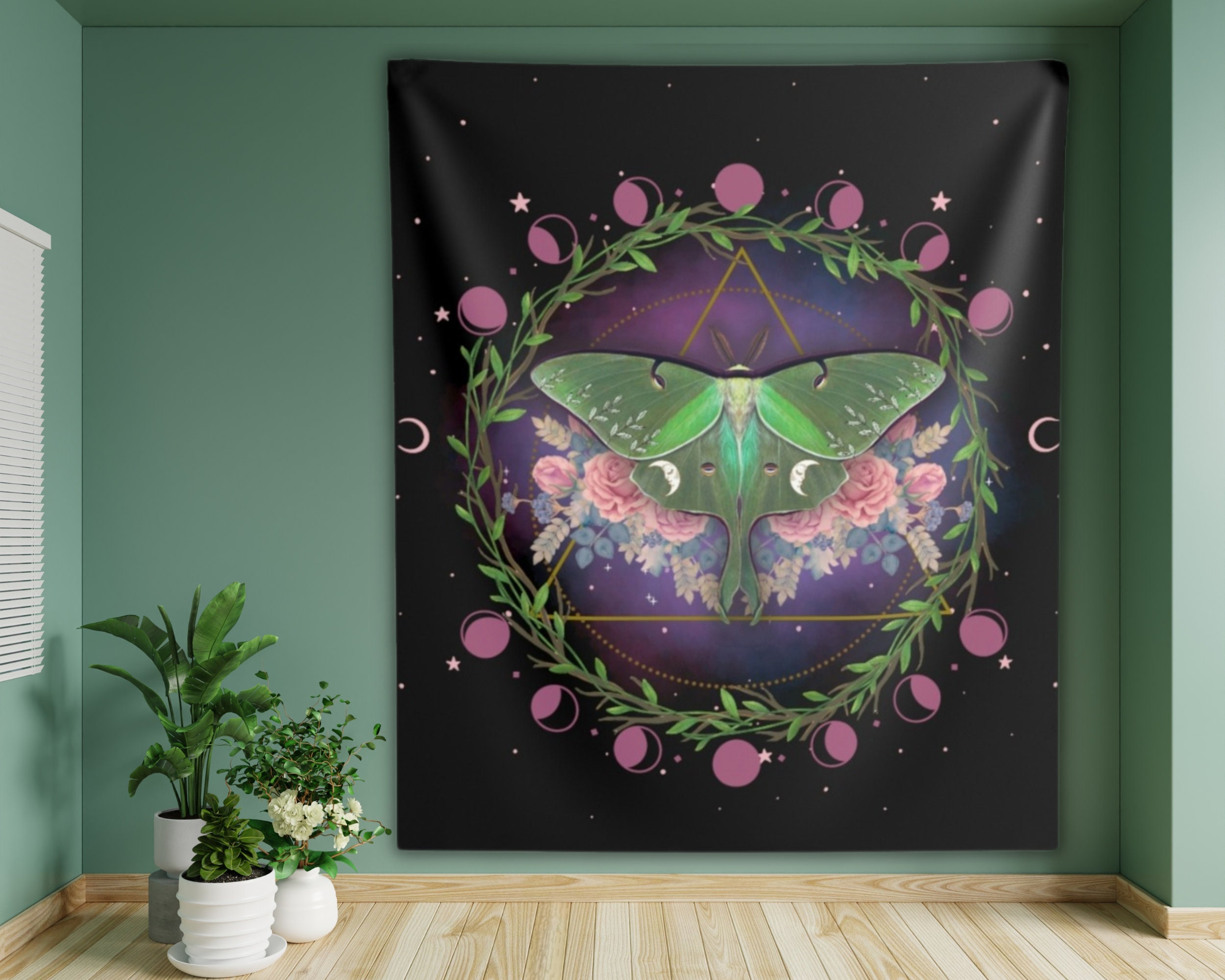 Floral Luna Moth With Moon Phases Tapestry, Luna Moth Botanical ...