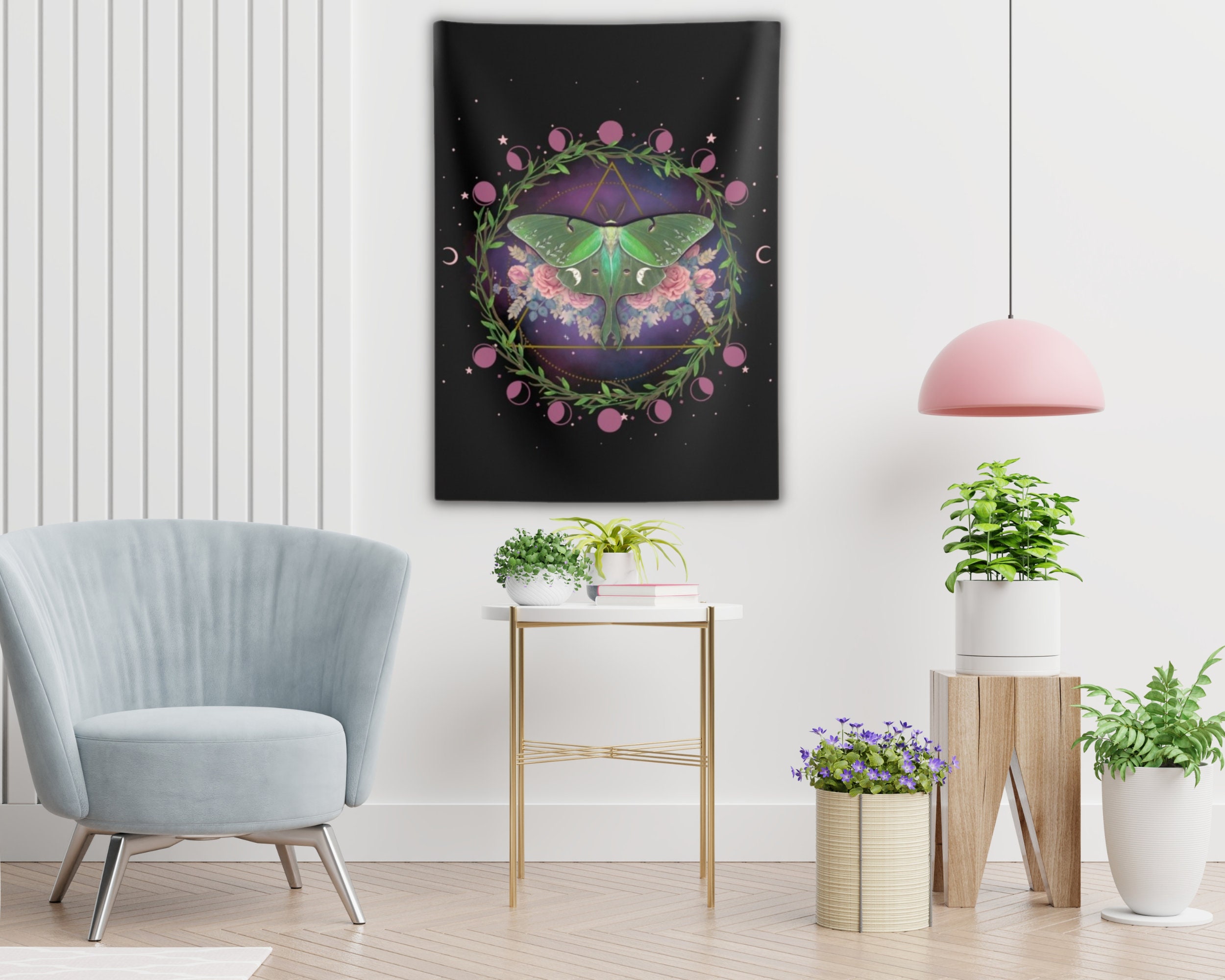 Floral Luna Moth With Moon Phases Tapestry, Luna Moth Botanical ...
