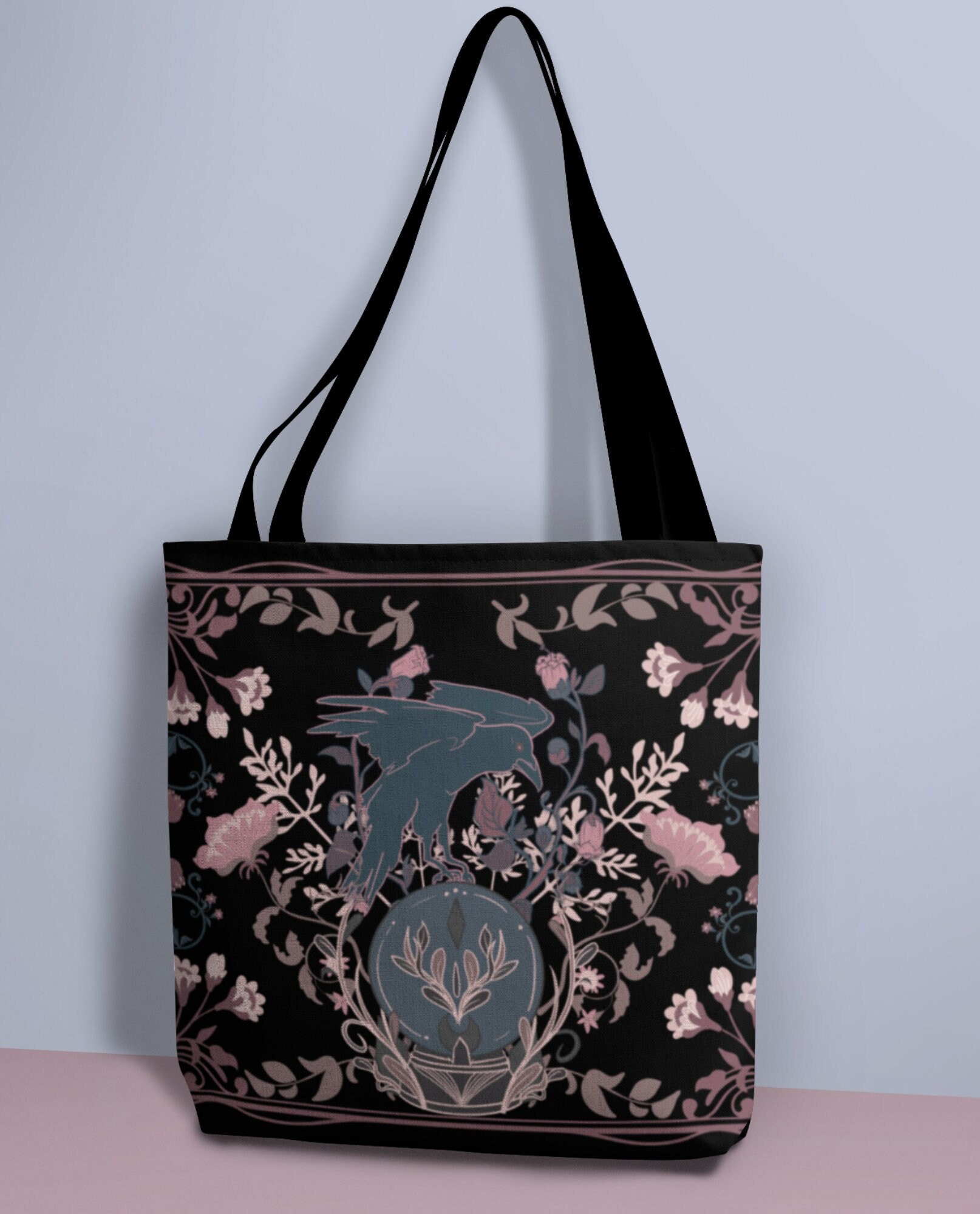 Black Crystal Ball Crow Tote Bag, Cute Crow Book Bag, Gothic Crow Tote ...