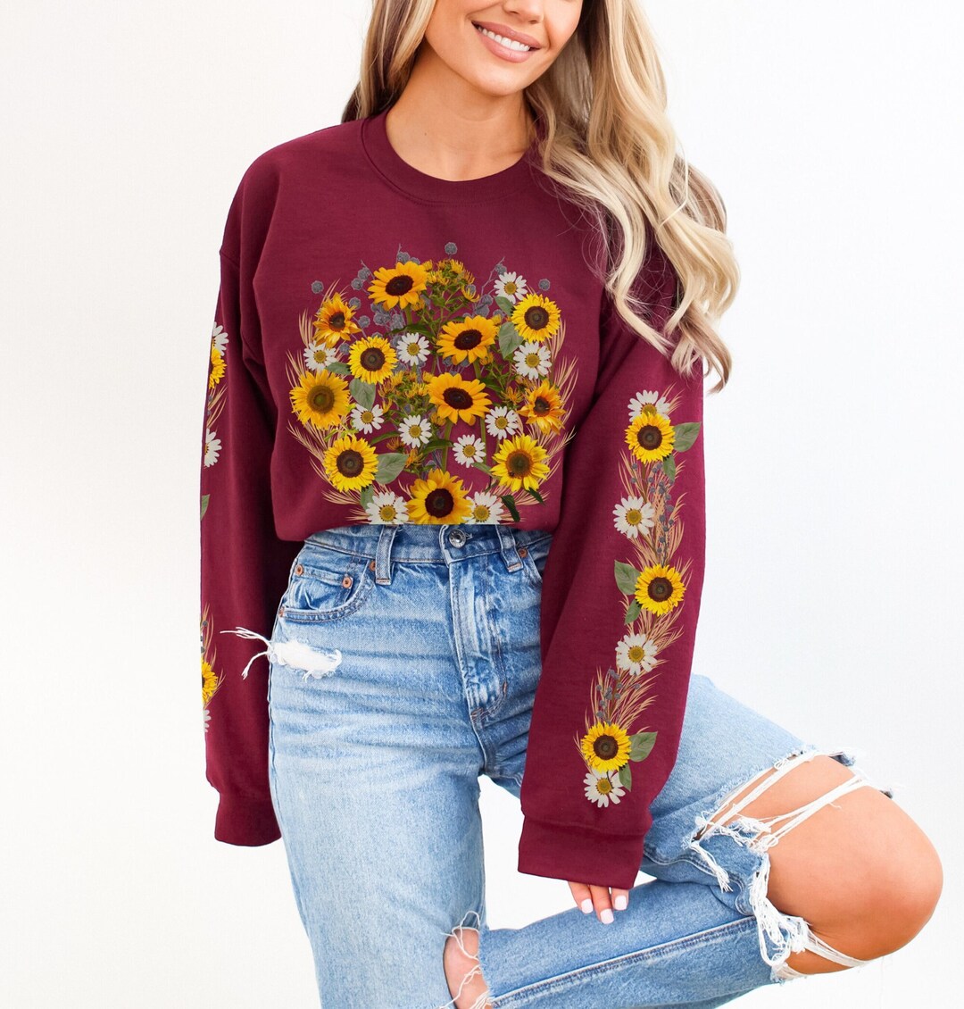 Sunflower Print Sweatshirt With Gorgeous Floral Sleeves - Trendy and ...