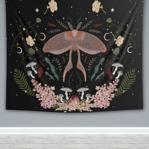 Cottagecore Floral Moth Wall Tapestry, Earthy Wall Hanging, Botanical ...