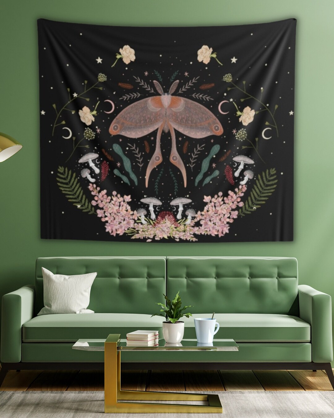 Cottagecore Floral Moth Wall Tapestry, Earthy Wall Hanging, Botanical ...