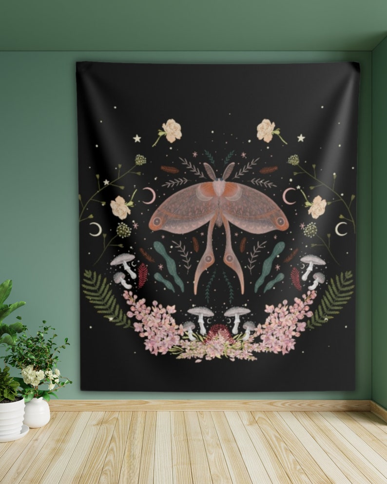 Cottagecore Floral Moth Wall Tapestry, Earthy Wall Hanging, Botanical ...