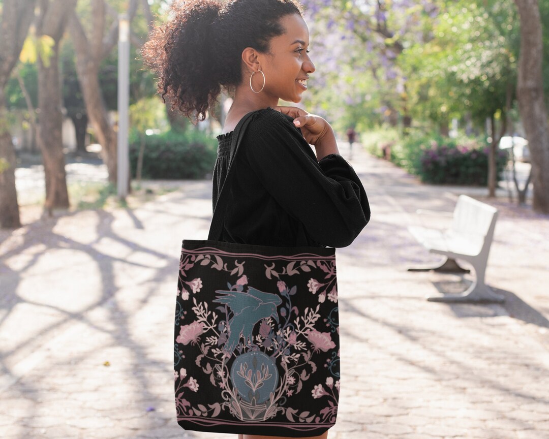 Black Crystal Ball Crow Tote Bag, Cute Crow Book Bag, Gothic Crow Tote ...