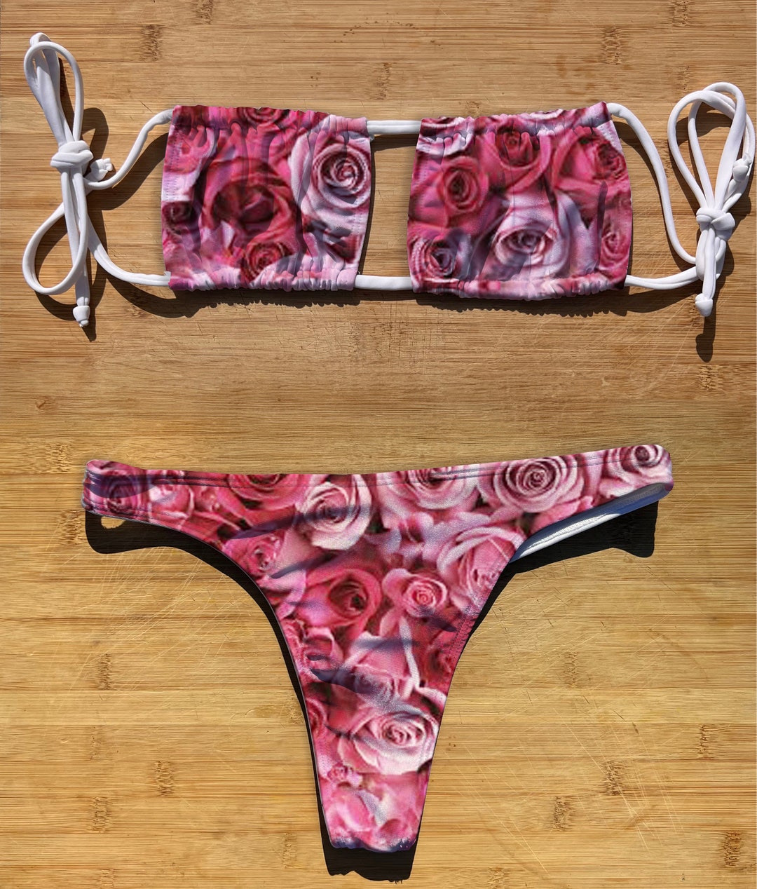 Swimwear Square Halter Tie Bikini Set Pink Roses Thong Etsy