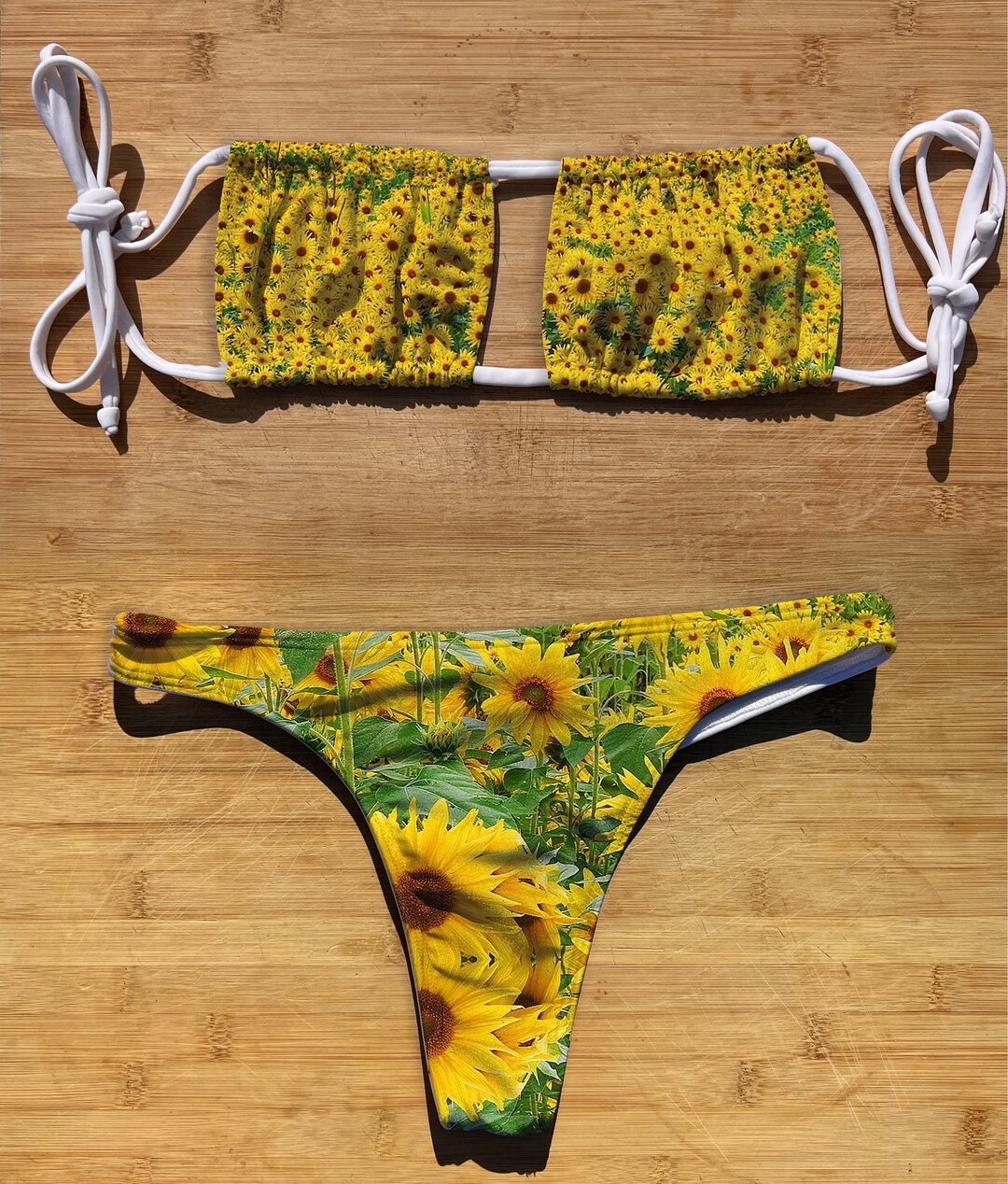 Swimwear Square Halter Tie Bikini Set Sunflowers Field Thong Cheeky