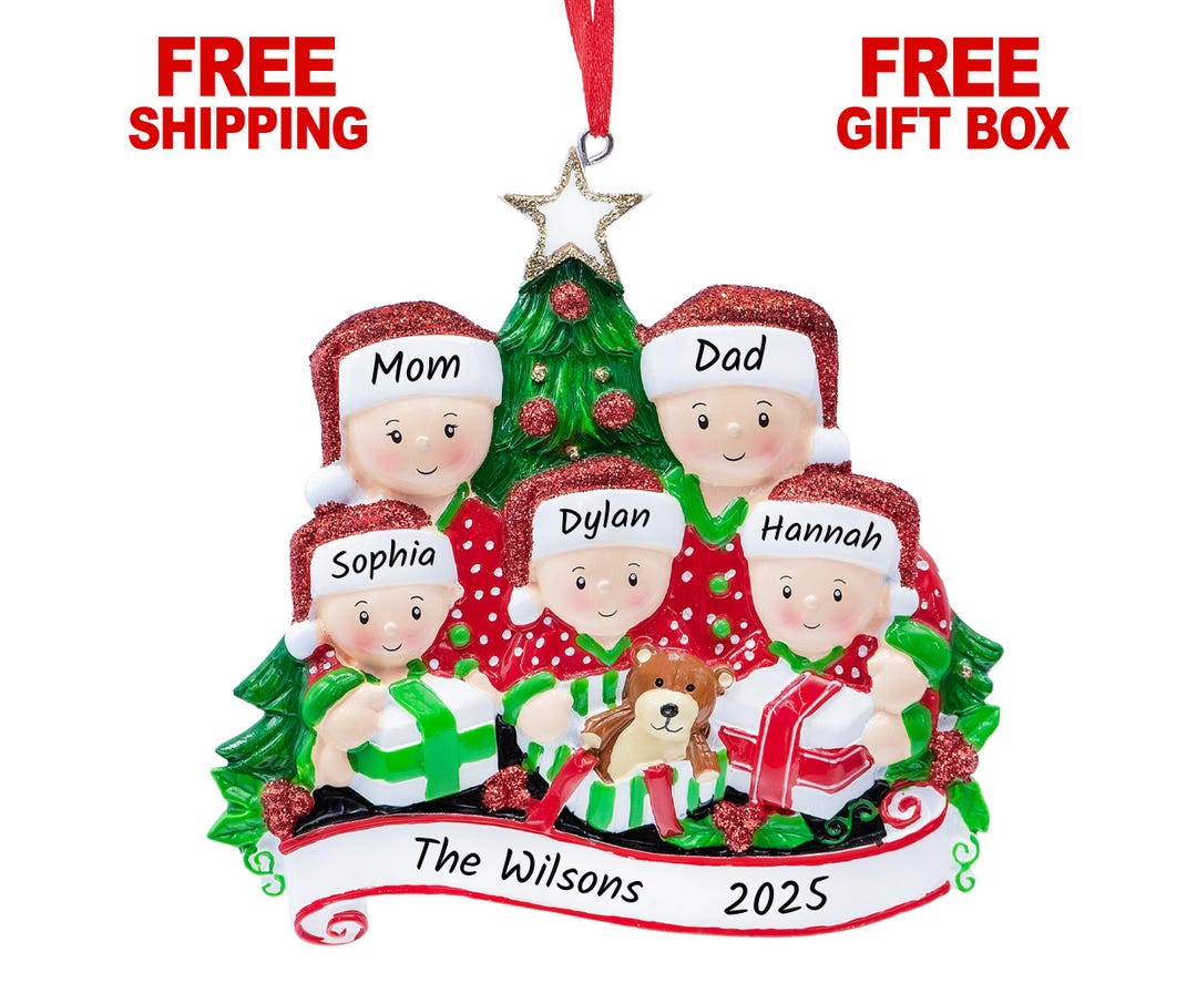 Opening Present Family of 5 Christmas Ornament, Personalized Xmas Tree ...
