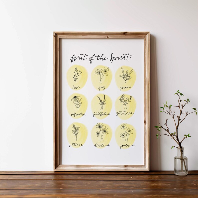Fruits of the Spirit Floral Yellow Vintage Chart Bible Verse Wall Print ...