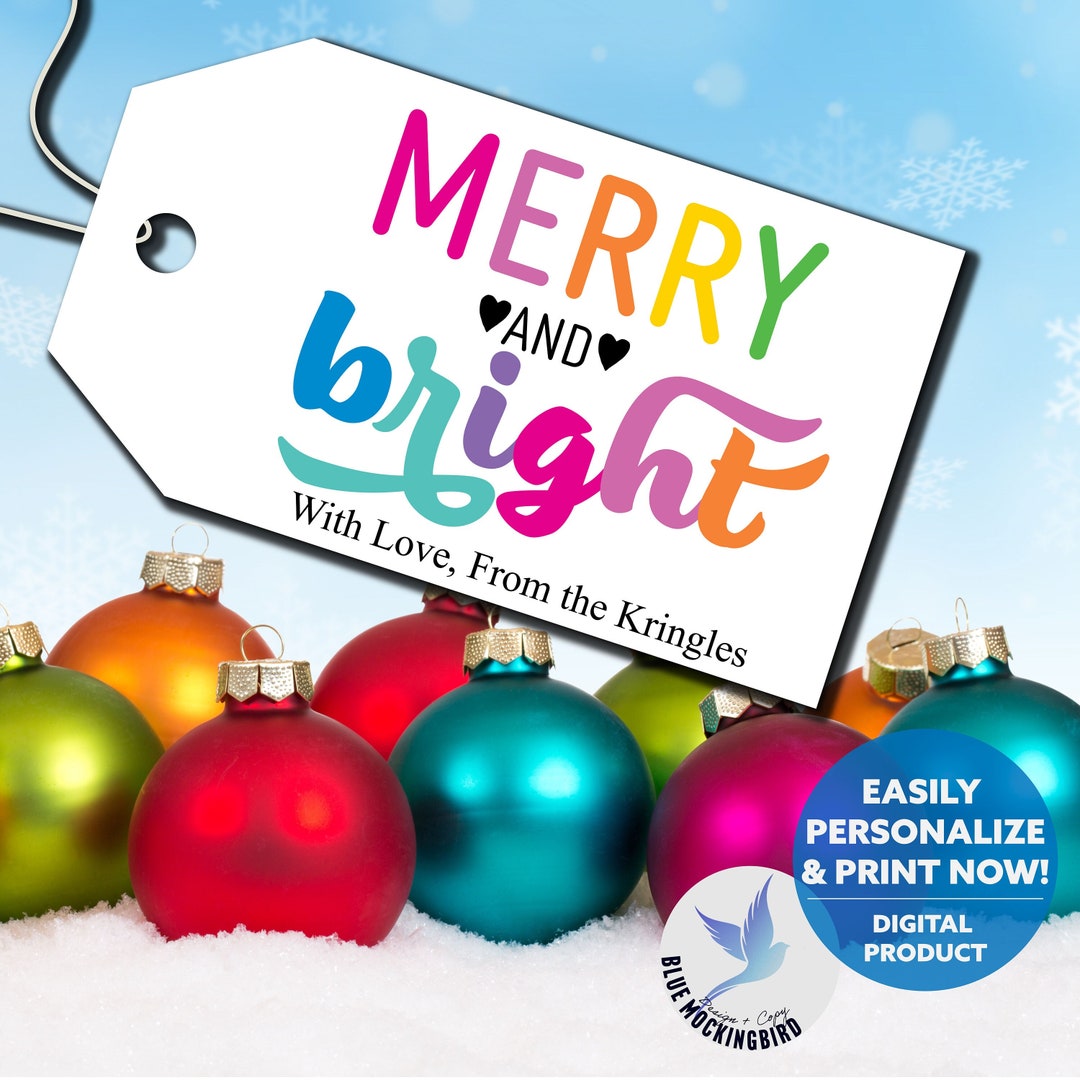 Printable Merry and Bright Christmas Gift Tag, Colorful Holiday Tag ...