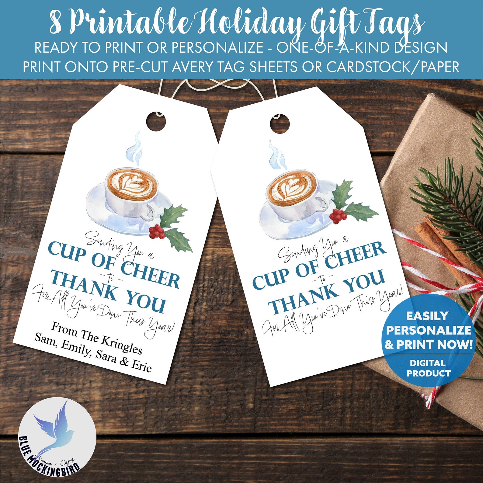 Printable Christmas Coffee Gift Tag, Cup of Cheer Tag, Teacher Thank ...