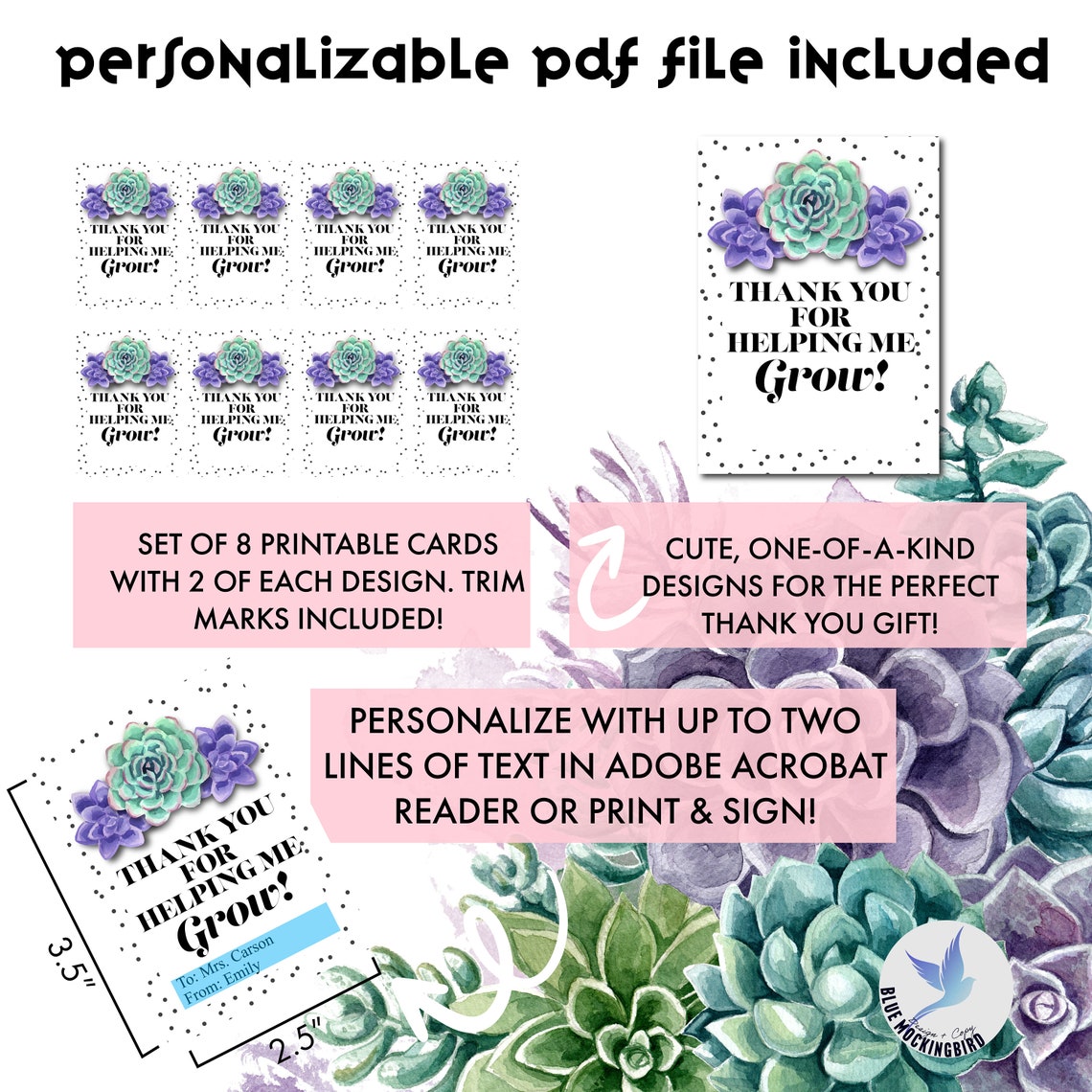 Thank You for Helping Me Grow Printable Teacher Gift Tag | Succulent ...