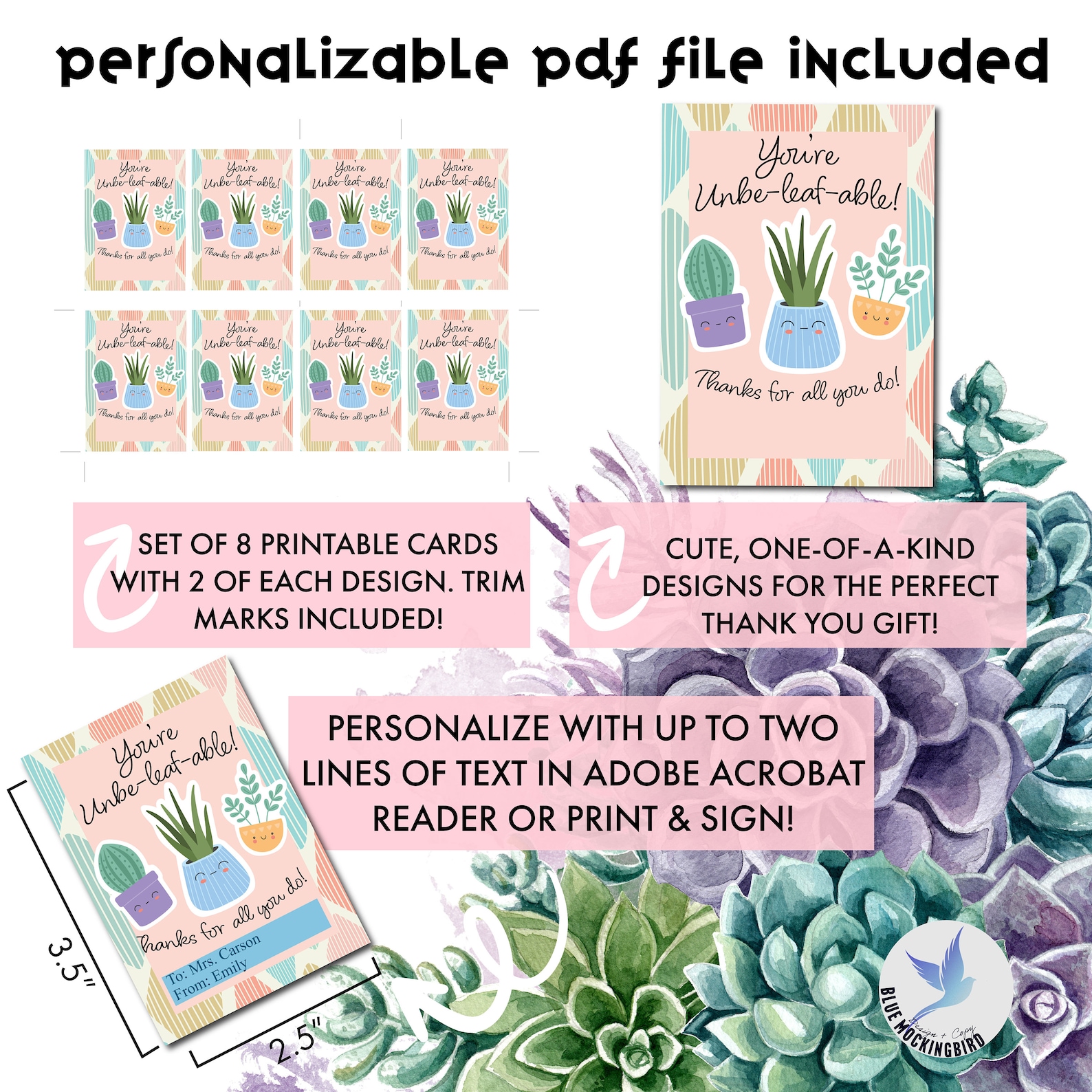 Printable Teacher Appreciation Gift Tag, You're Unbeleafable, Succulent ...