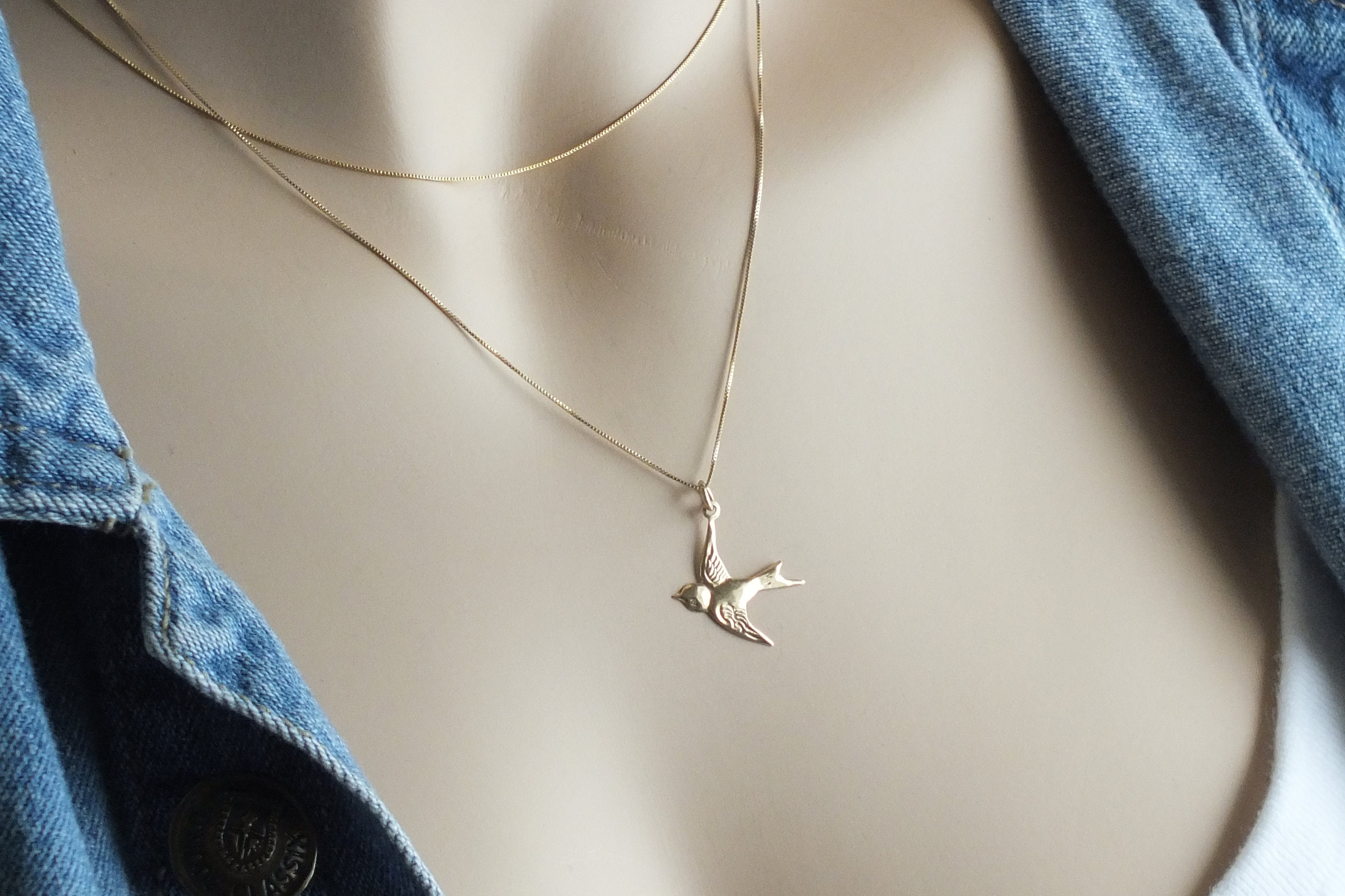Dainty Sparrow Necklace, 14k Solid Gold Bird Charm Necklace, Gold ...