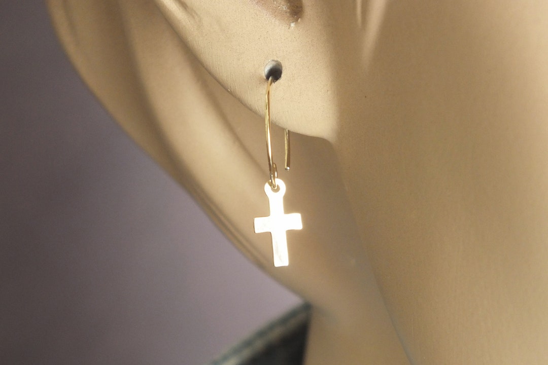 Cross Hoop Earrings, 14k Solid Gold Cross Hoop Earrings, Gold Hoops ...