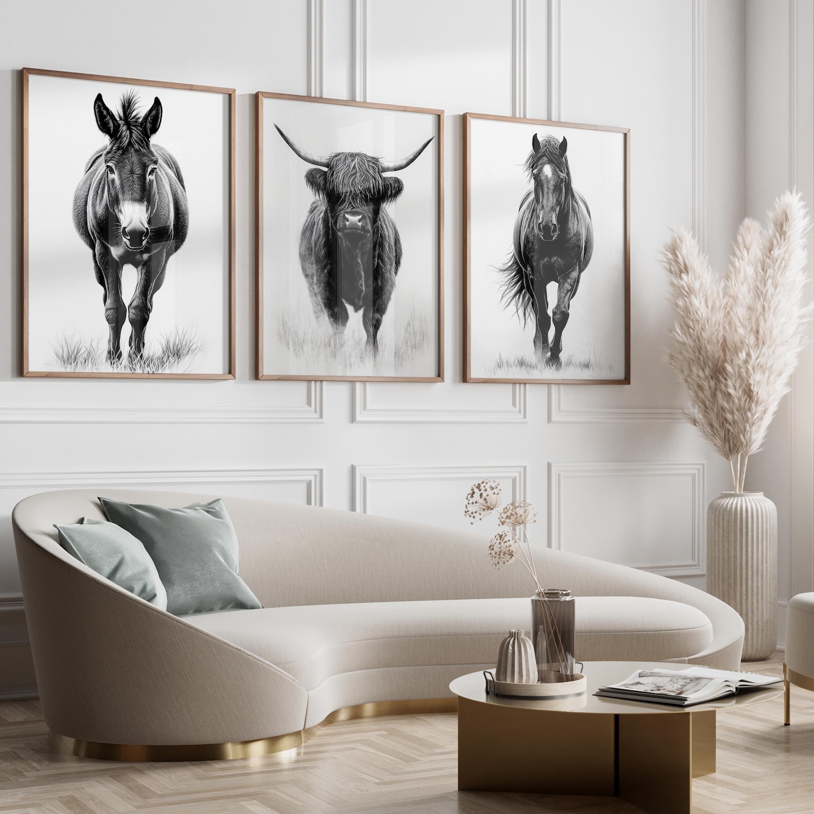 Farmhouse Animal Prints Set: Horse, Highland Cow, Donkey (digital ...
