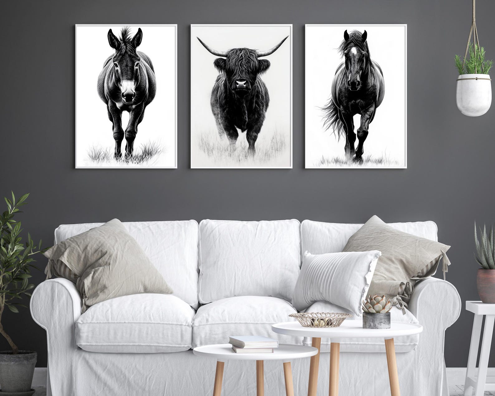 Farmhouse Animal Prints Set: Horse, Highland Cow, Donkey (digital ...