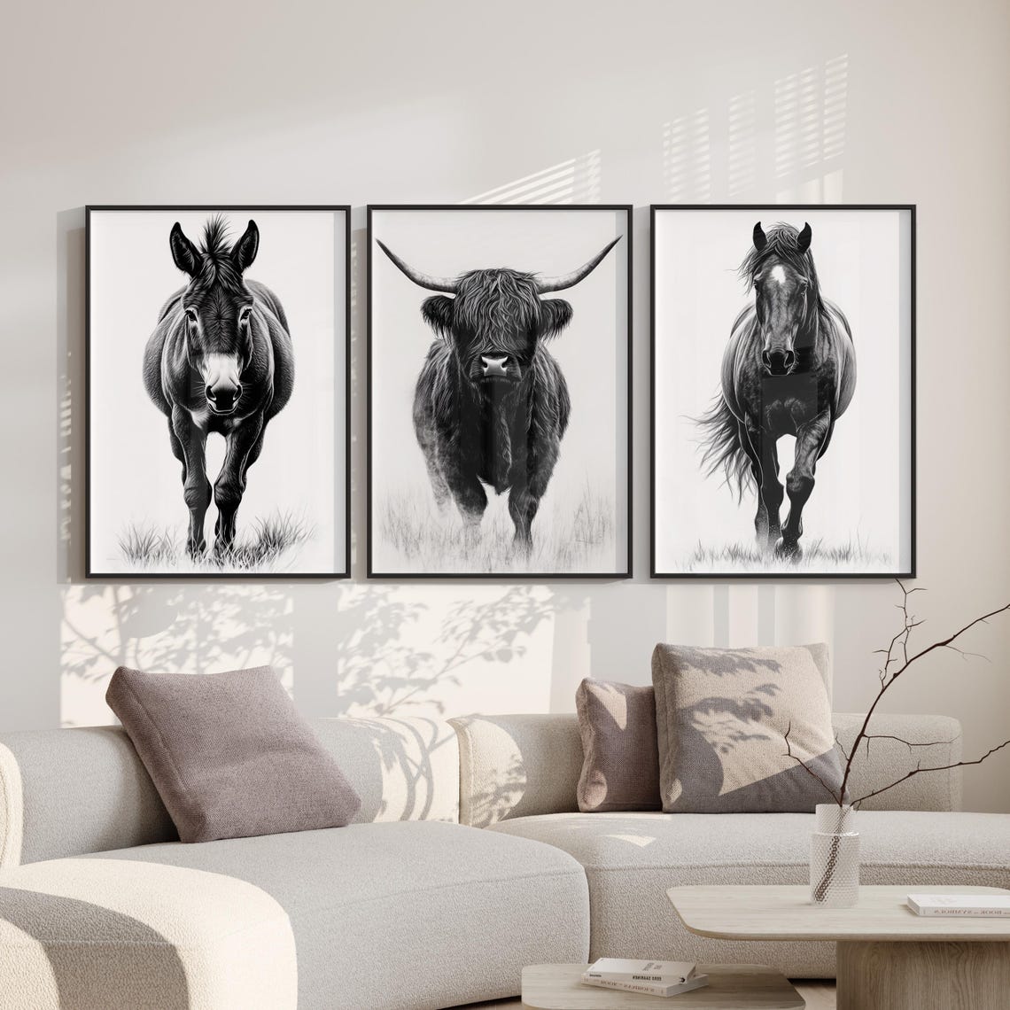 Farmhouse Animal Prints Set: Horse, Highland Cow, Donkey (digital ...
