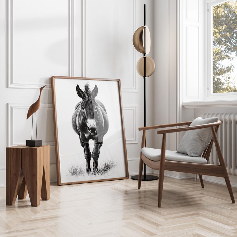 Printable Donkey Drawing, Farmhouse Wall Art, Charcoal Digital Print ...
