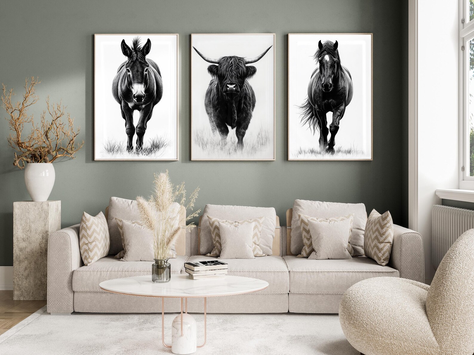 Farmhouse Animal Prints Set: Horse, Highland Cow, Donkey (digital ...