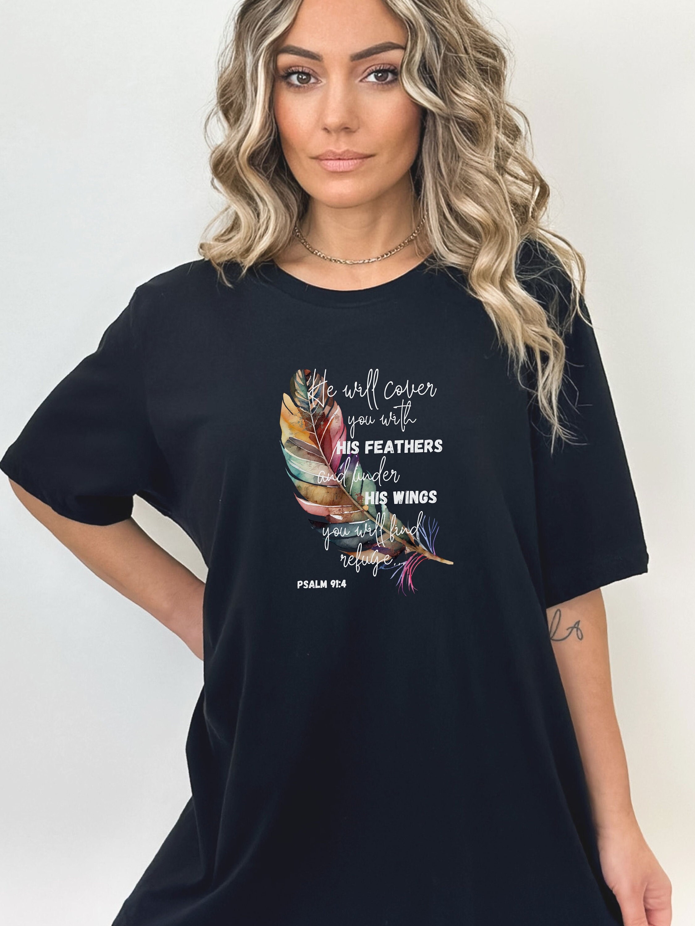 He Will Cover You With His Feathers Bible Verse T-shirt With Rainbow ...