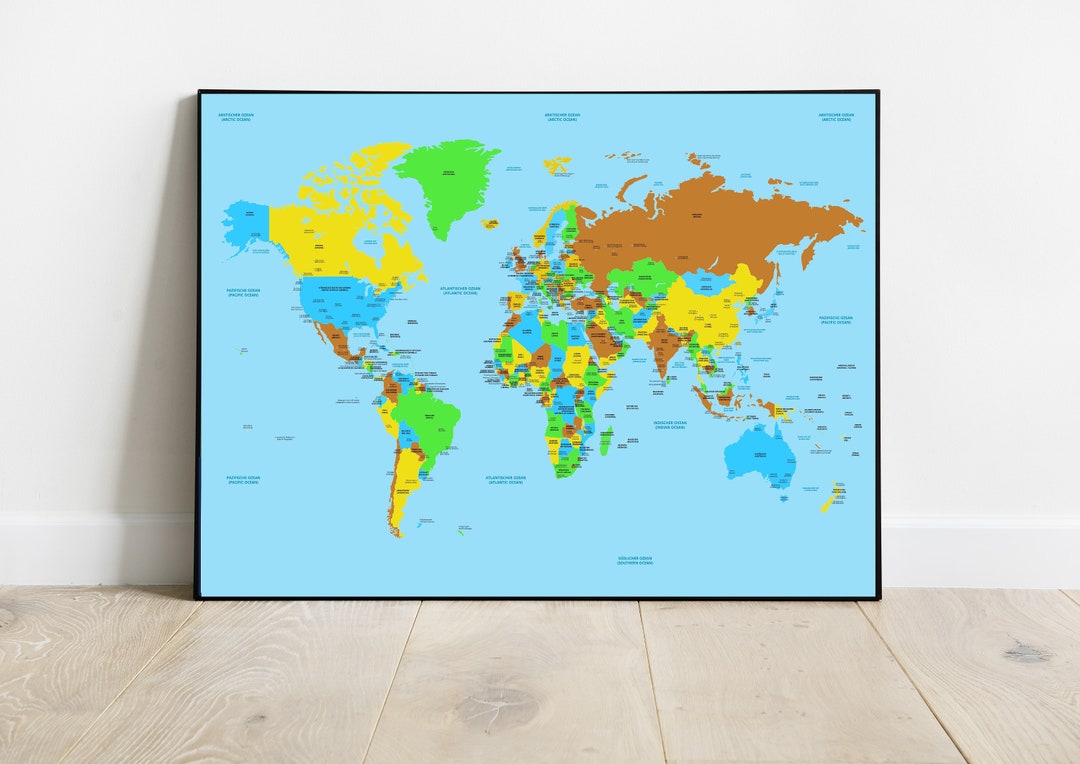 German English World Map, World Wall Map, German Translation, Deutsch ...