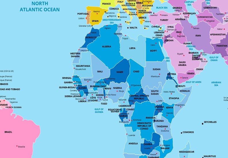 Detailed World Map With Capital Cities, Wall Art Educational Décor ...