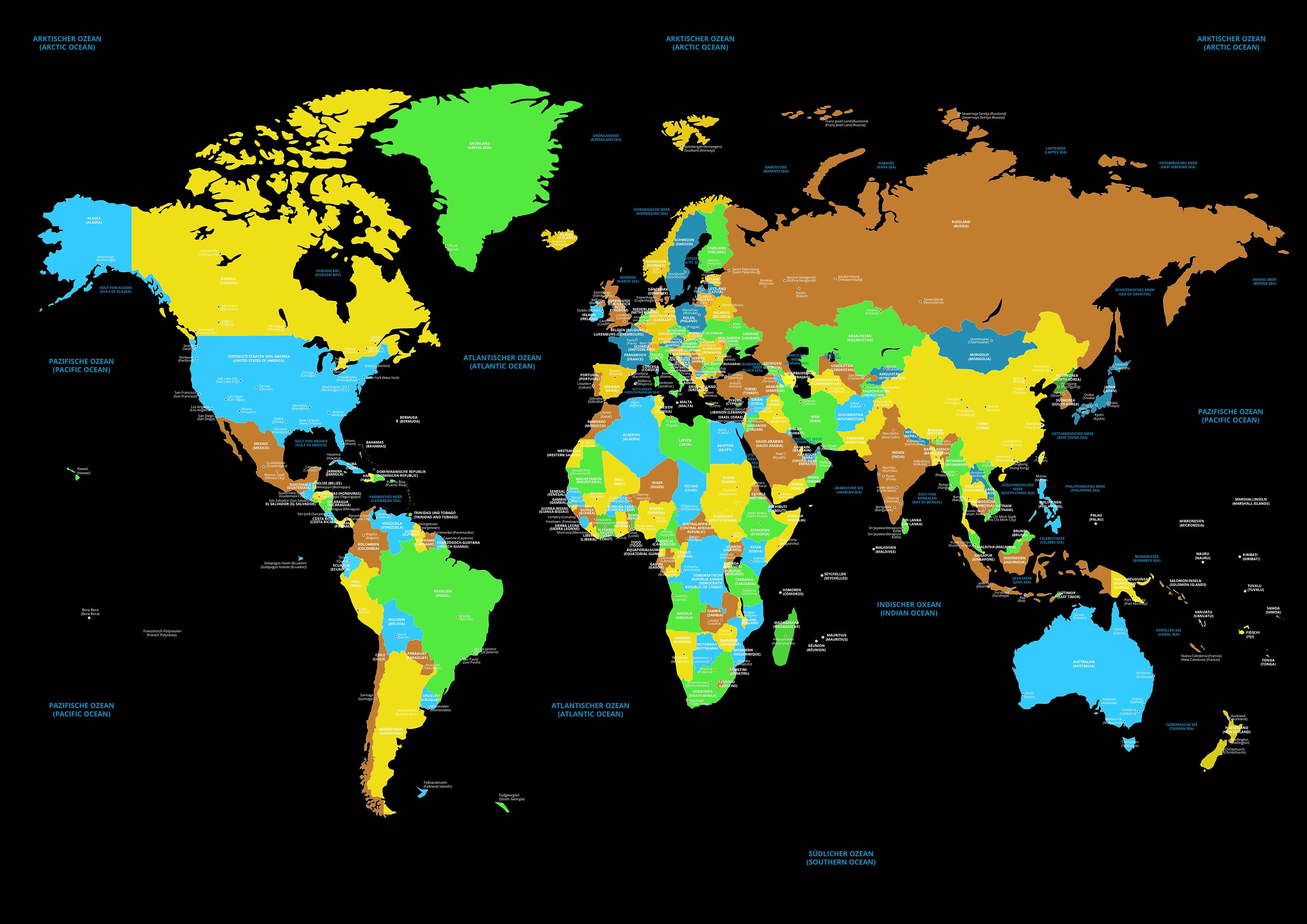 German English World Map, World Wall Map, German Translation, Deutsch ...