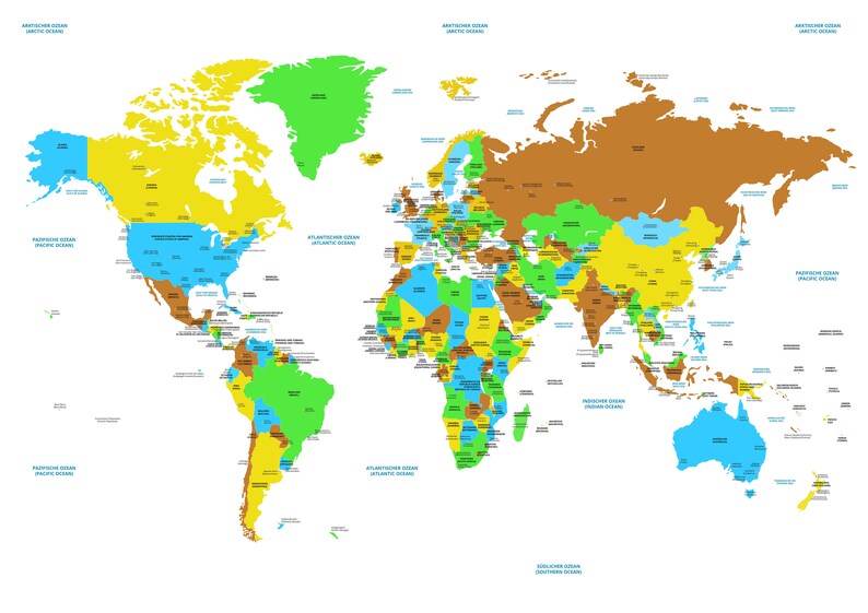German English World Map, World Wall Map, German Translation, Deutsch ...