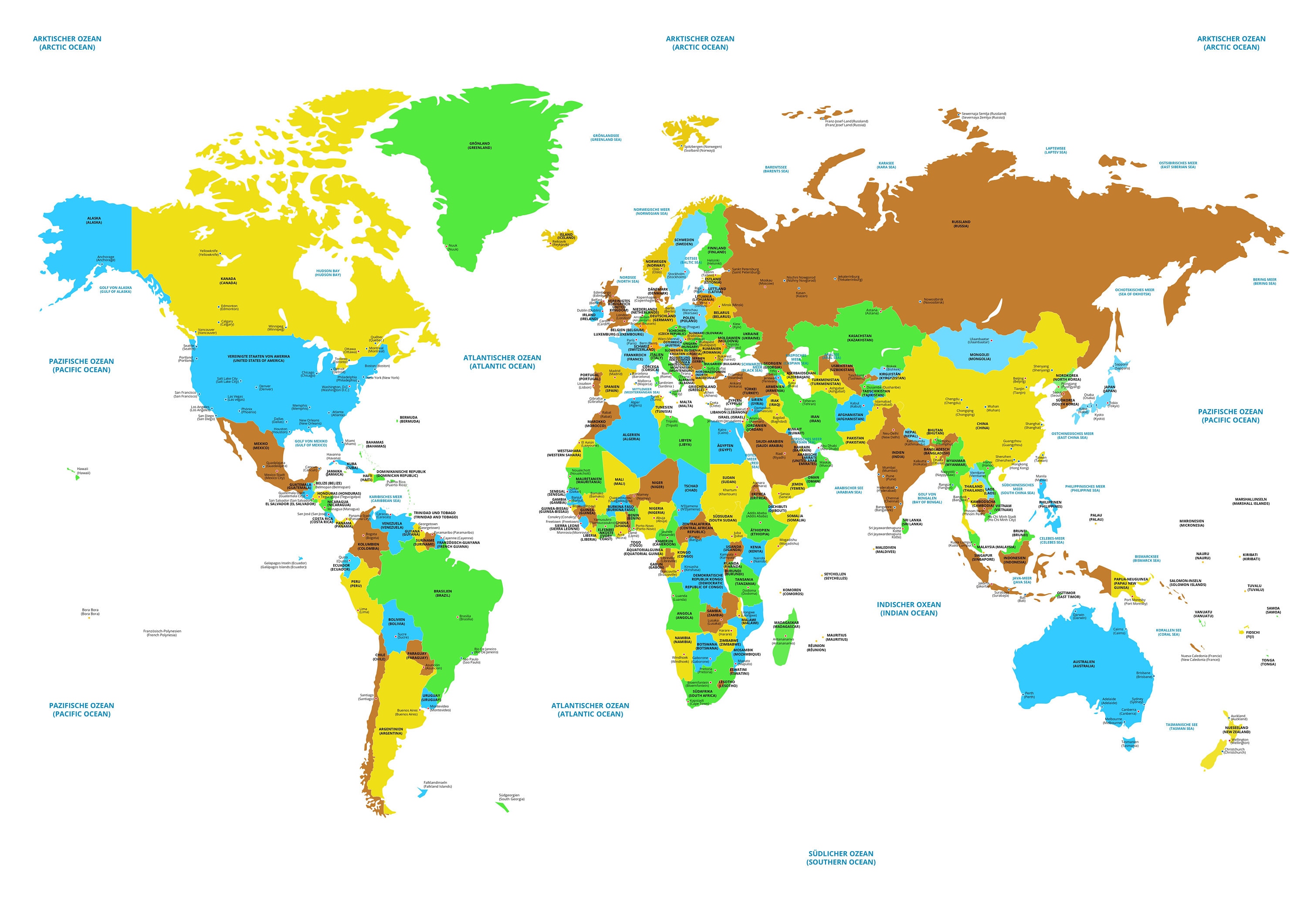 German English World Map, World Wall Map, German Translation, Deutsch ...