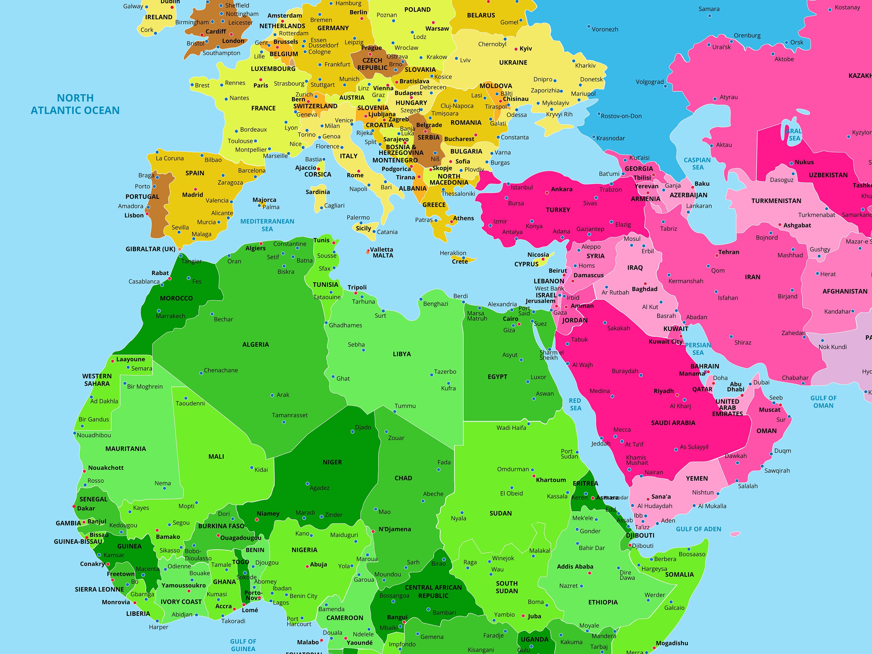 Large Detailed Map of Europe and Africa, Colourful Country Map Home ...