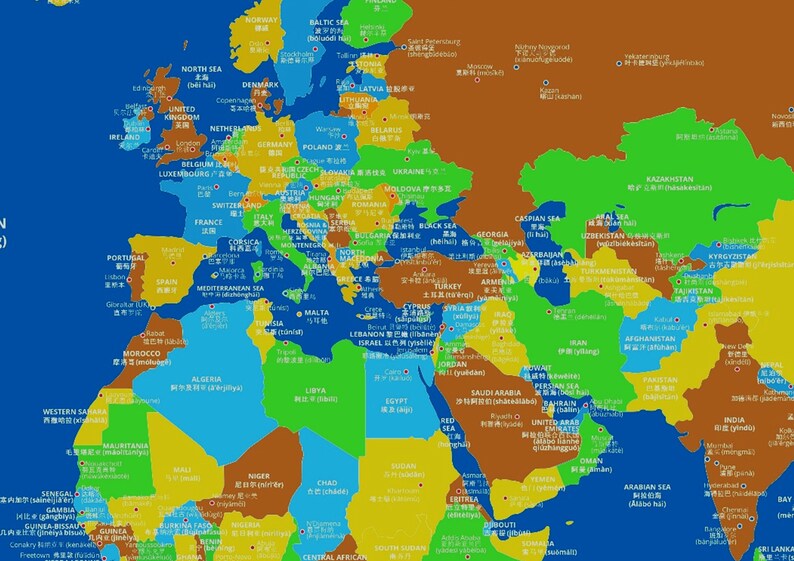 Chinese English World Map, Simplified Chinese Wall Map, Pinyin Chinese ...