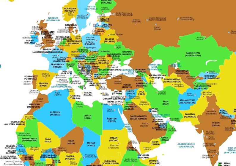 German English World Map, World Wall Map, German Translation, Deutsch ...