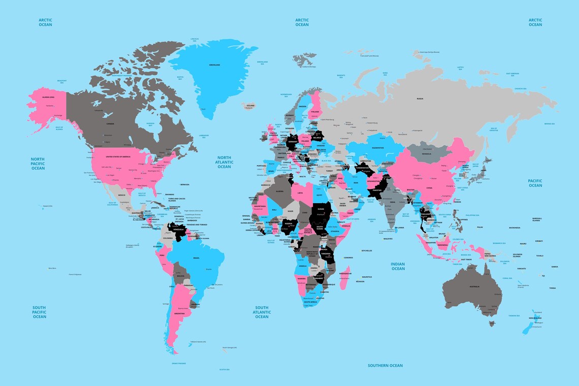 Detailed World Map With Countries and Capital Cities Poster, Classroom ...