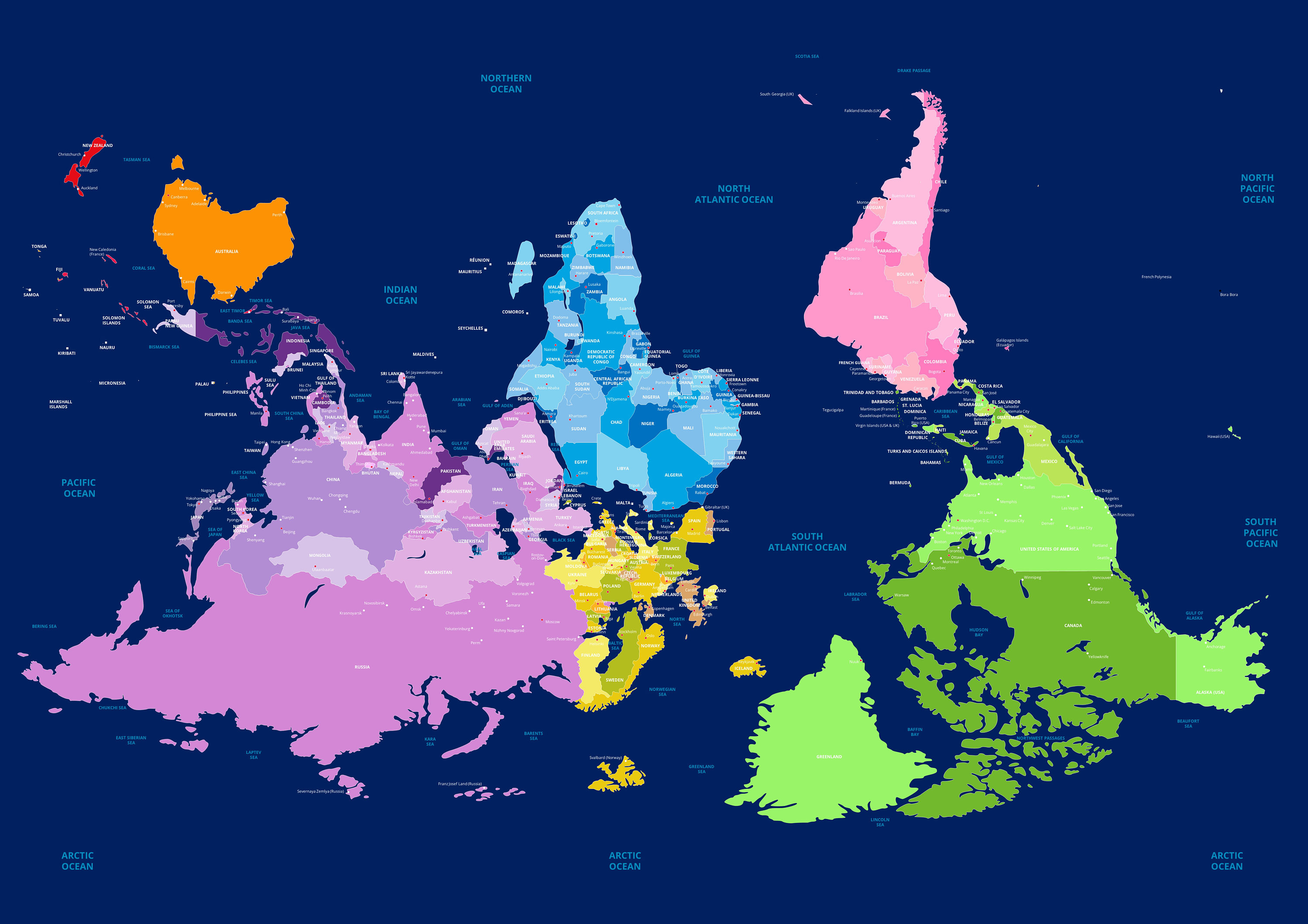 Upside Down World Map With Countries, Kids Bright Educational Poster ...